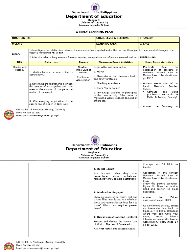 Grade 8 Science Weekly Plan: Motion Laws | PDF | Force | Newton's Laws ...