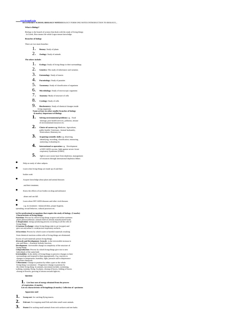 Biology Notes Form 1 4 | PDF