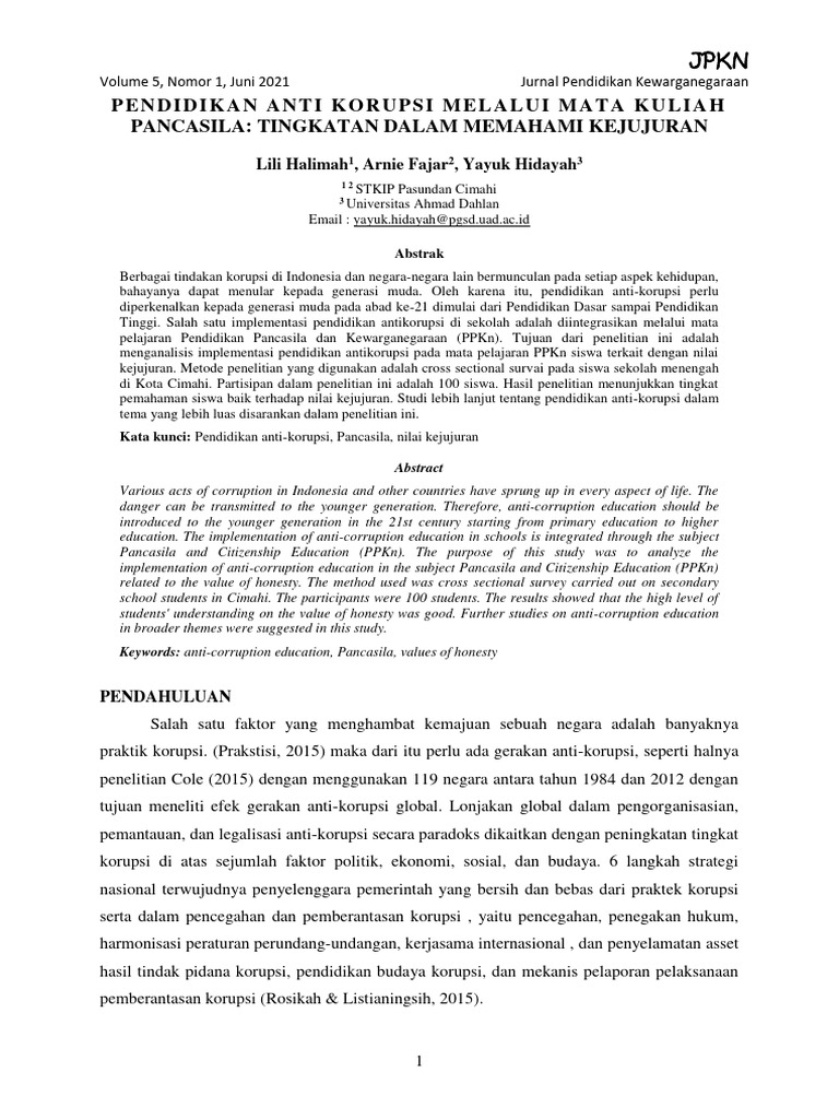 Pendidikan Anti Korupsi Melalui Mata Kul | PDF