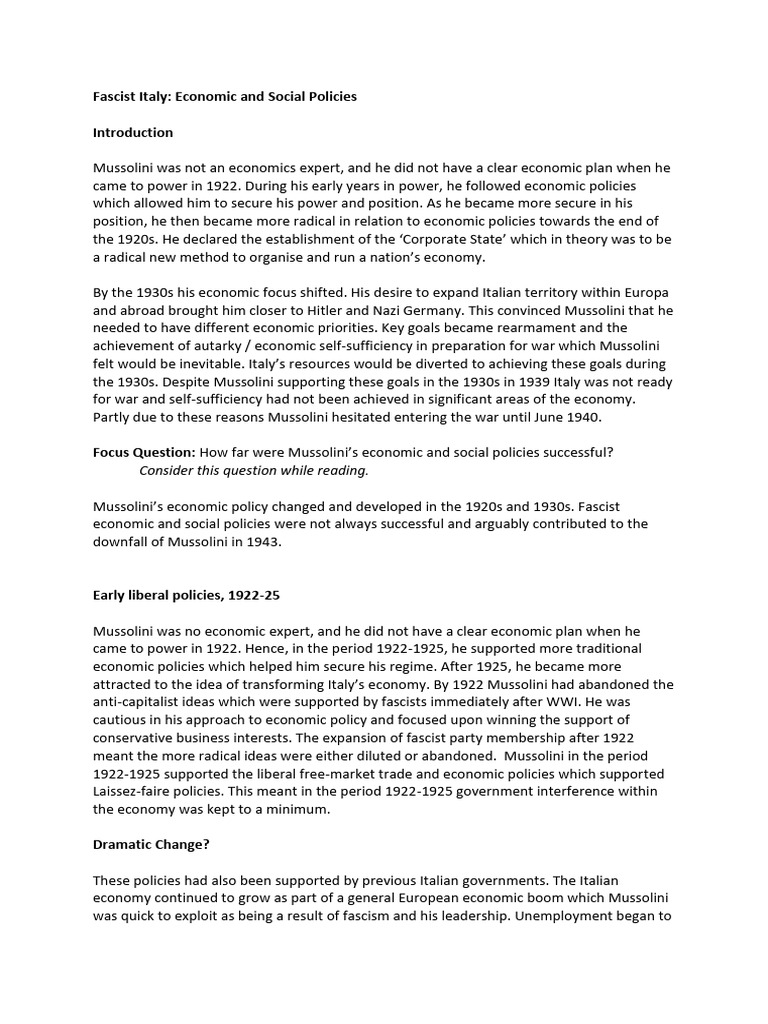 Fascist Italy: Economic and Social Policies: Consider This Question ...