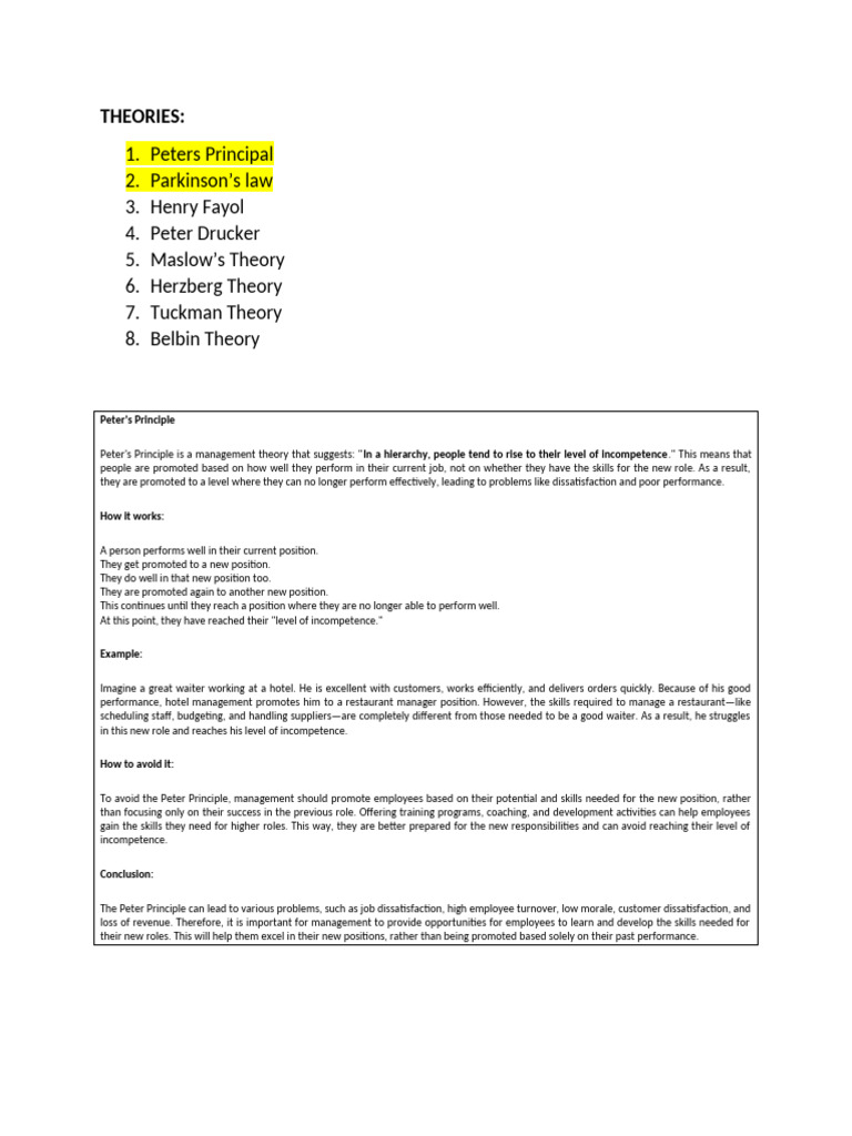 Peters Principal 2. Parkinson's Law 3. Henry Fayol 4. Peter Drucker 5 ...