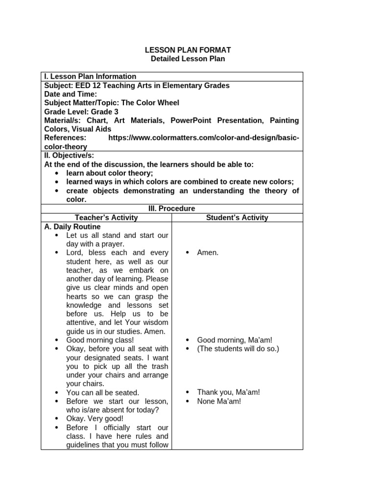 Arts Lesson Plan | PDF | Color | Lesson Plan
