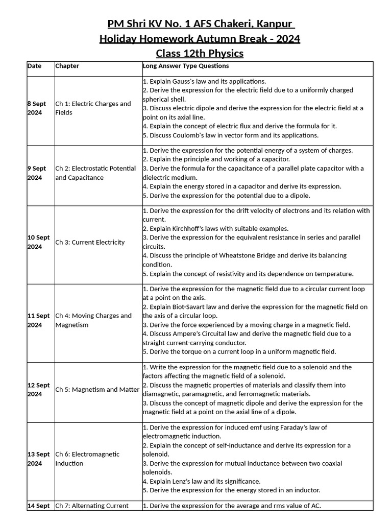 holiday homework 12 physics | PDF