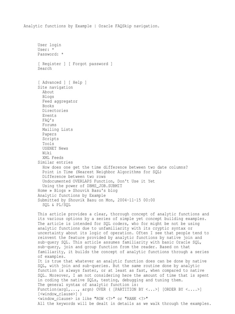 Analytic Functions by Example Oracle FAQ | PDF | Data Management ... Analytic Functions by Example Oracle FAQ | PDF | Data Management ...