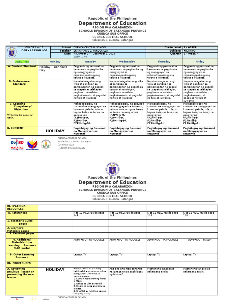 Q2 WEEK4 DLL FILIPINO 2023 2024 | PDF