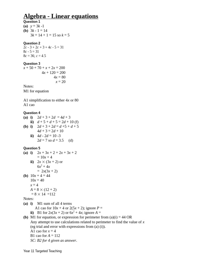 Algebra - Linear Equations & Inequalities Answers | PDF | Algebra | Equations