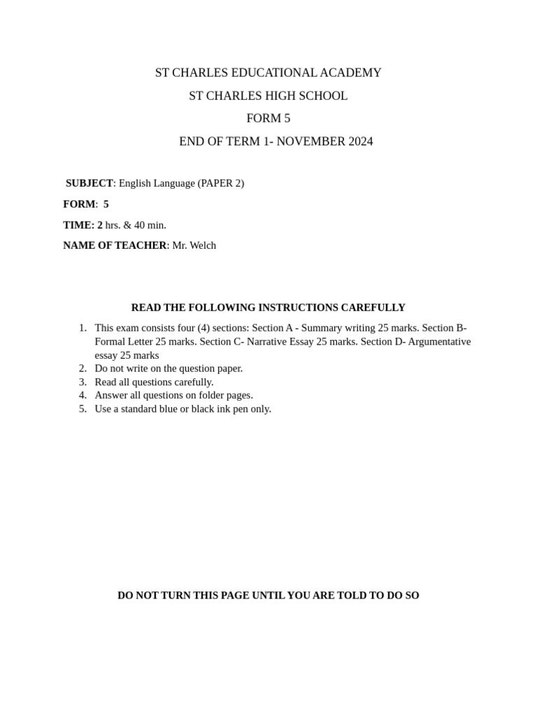 EOT Form 5 Term 1 - Paper 2 Exam | PDF
