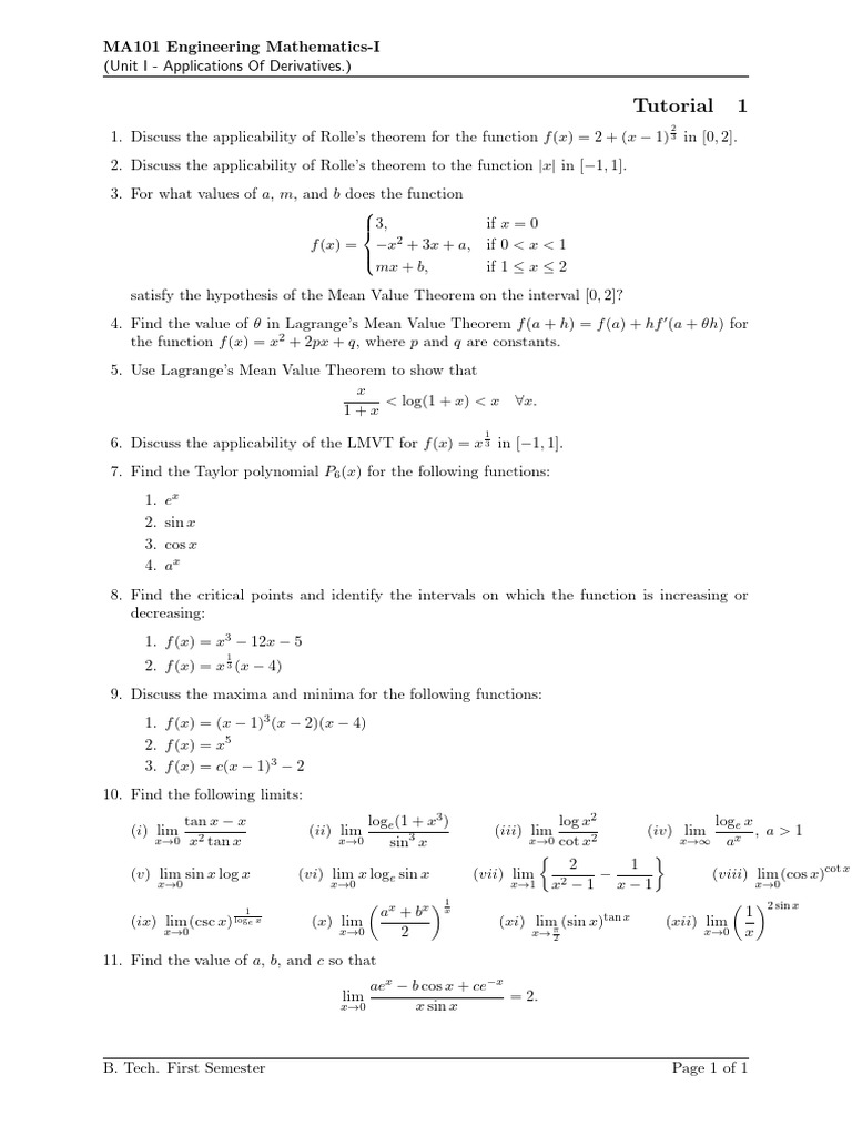 Tutorial 1: Unit I - Applications of Derivatives | PDF