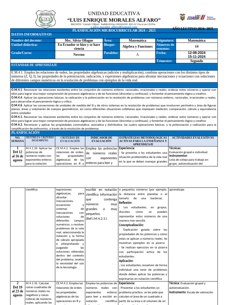 Planificacion Matematica 9no Segundo Trimestre | PDF | Números | Ecuaciones