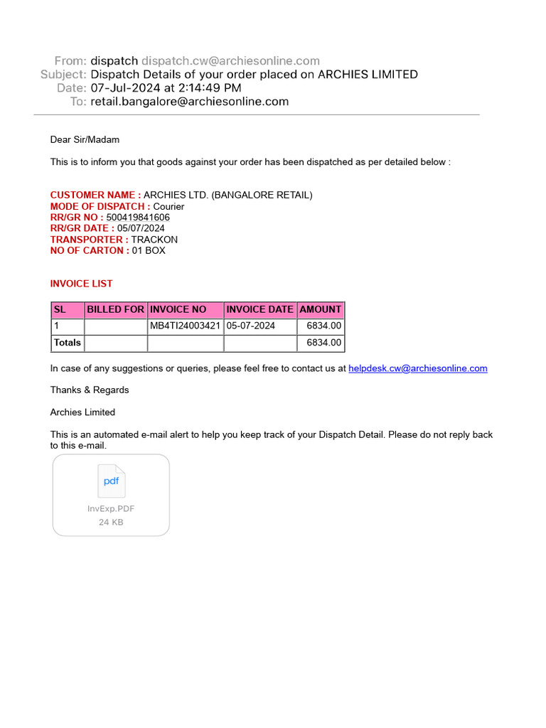 Dispatch Confirmation for Archies Ltd. | PDF