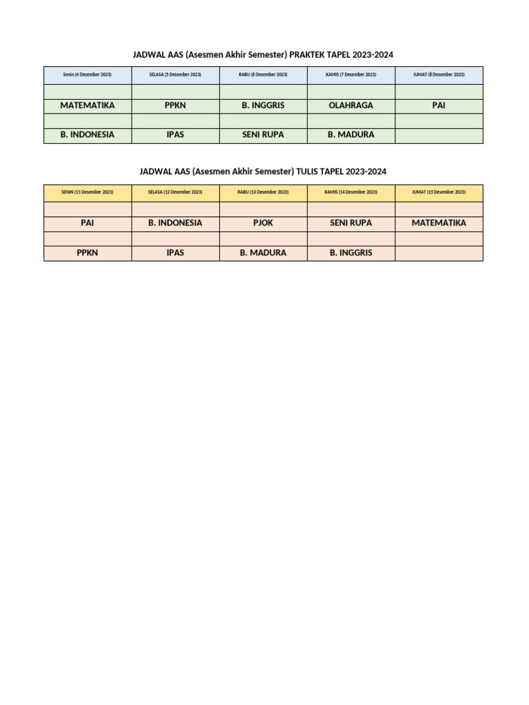 Jadwal AAS Praktek Dan Tulis 2023-2024 | PDF