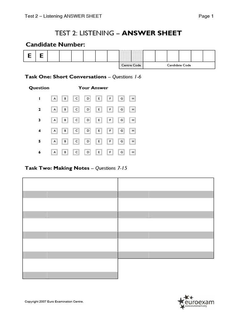 Test 2.2 Listening Answer Sheet | PDF