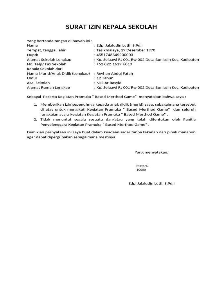 Form Surat Izin Kepala Sekolah | PDF
