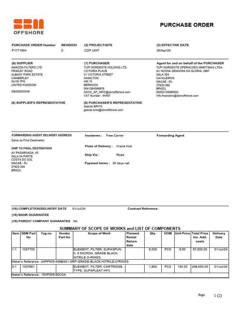 Purchase Order: Summary of Scope of Works and List of Components | PDF