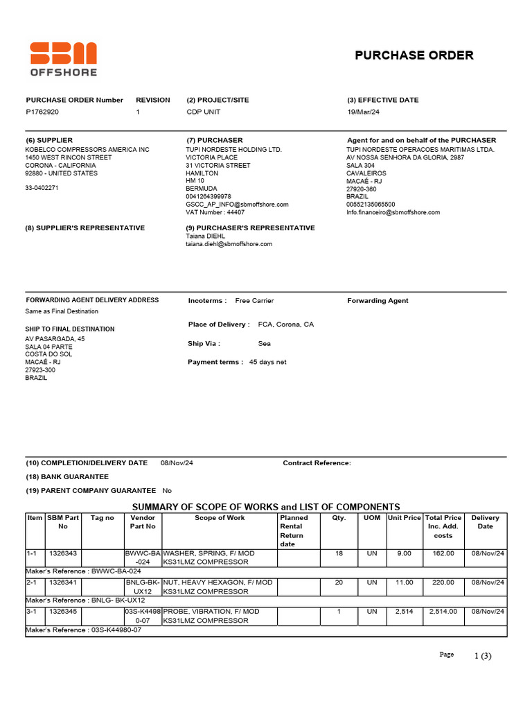 Purchase Order: Summary of Scope of Works and List of Components | PDF