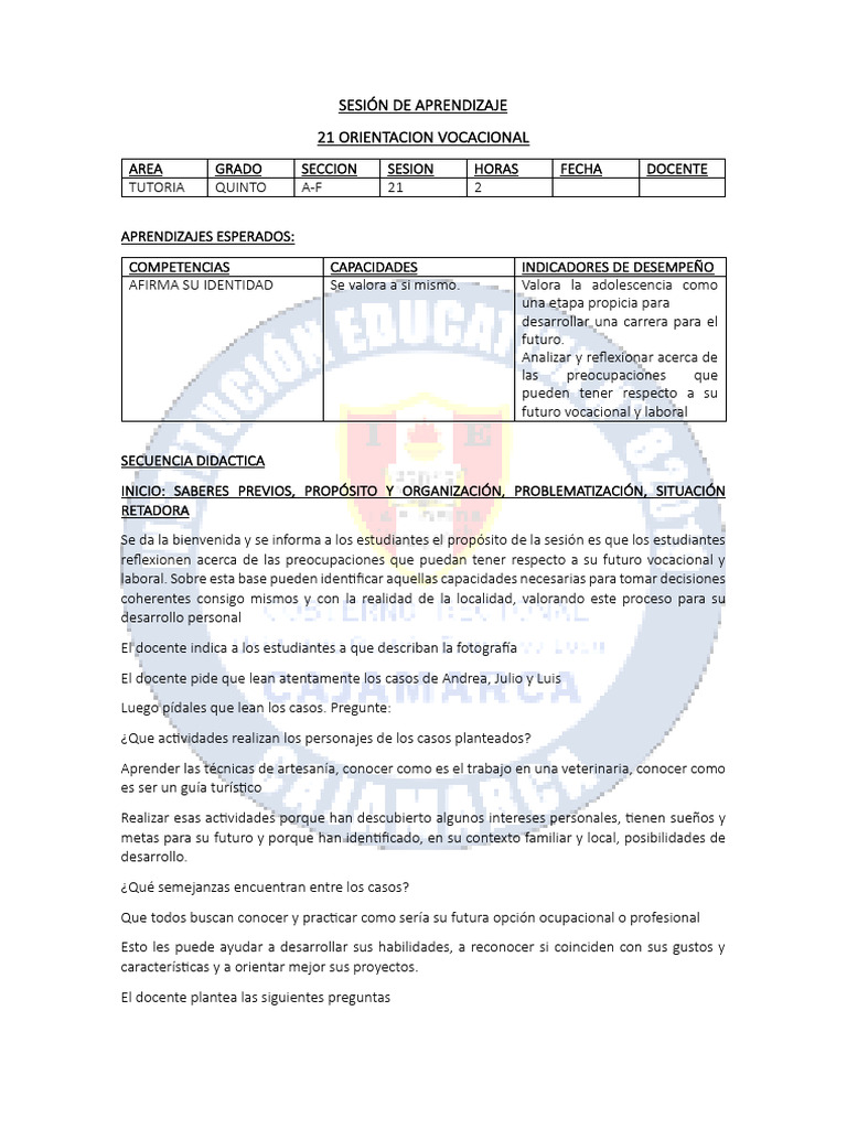 SESION 21 Orientacion Vocacional | PDF | Maestros | Crecimiento personal y profesional