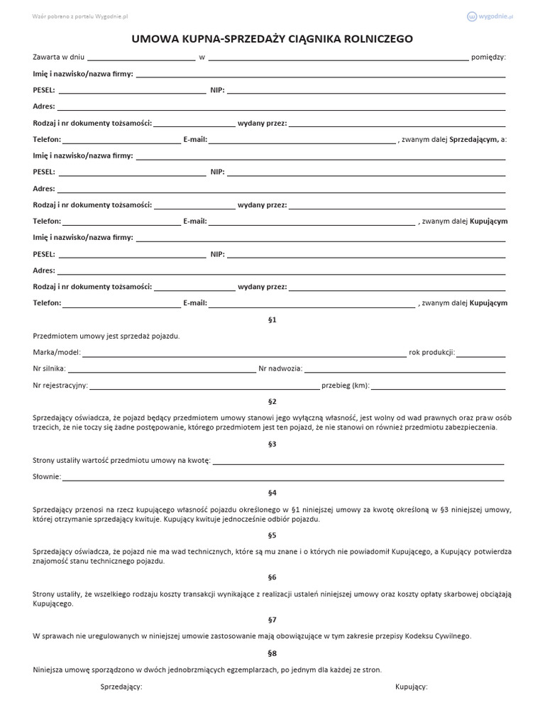 Umowa Kupna Sprzedazy Ciagnika Wzor | PDF