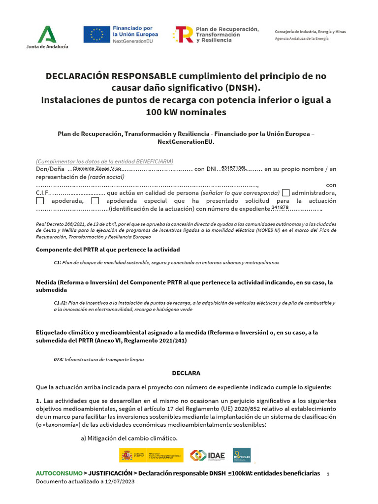 Restobeneficiarios Moves Declaracion DNSH PuntosRecarga | PDF