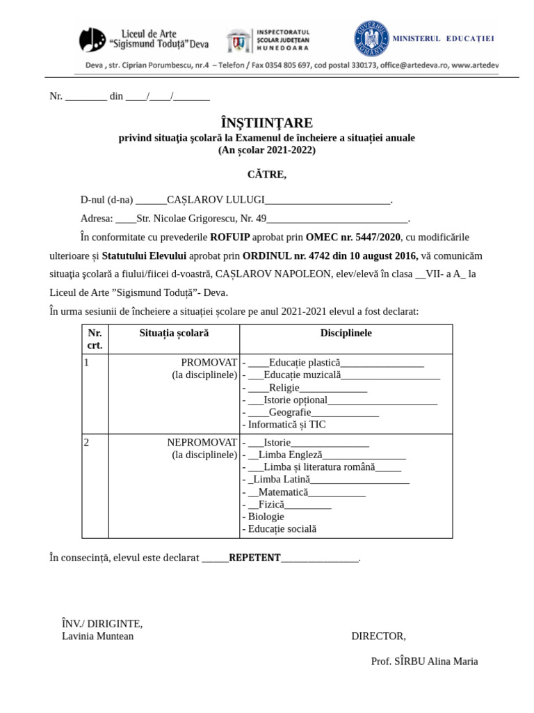 Instiintare SITUATIE SCOLARA SEM II 2021 2022 | PDF