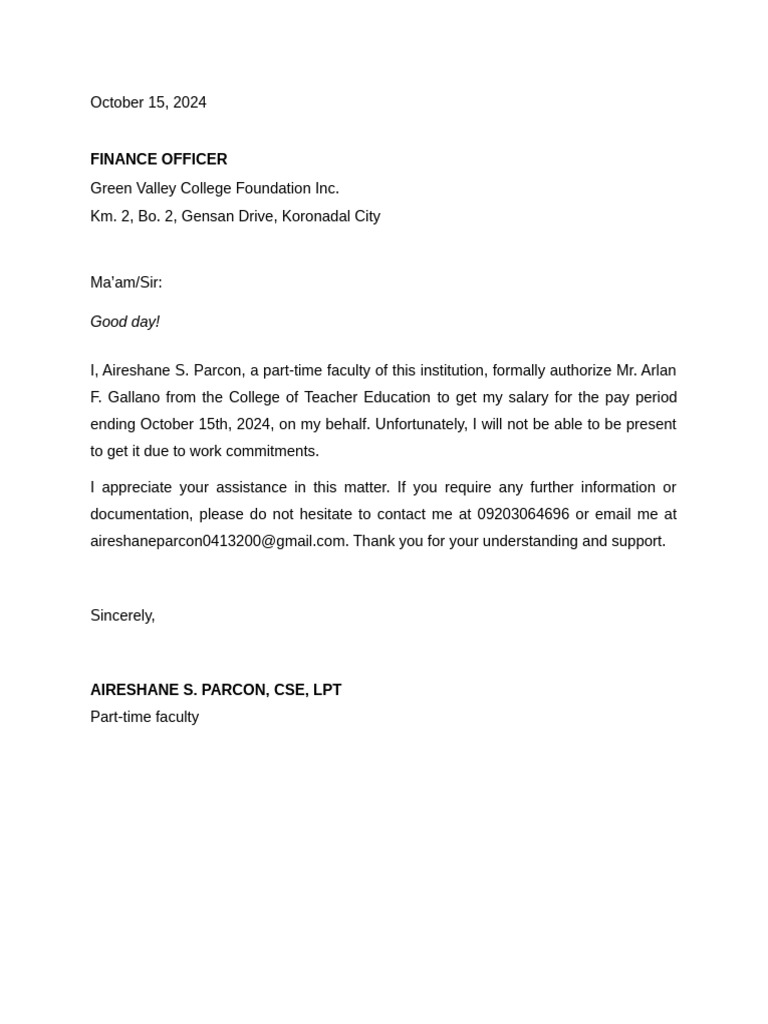 Authorization Letter For Salary | PDF