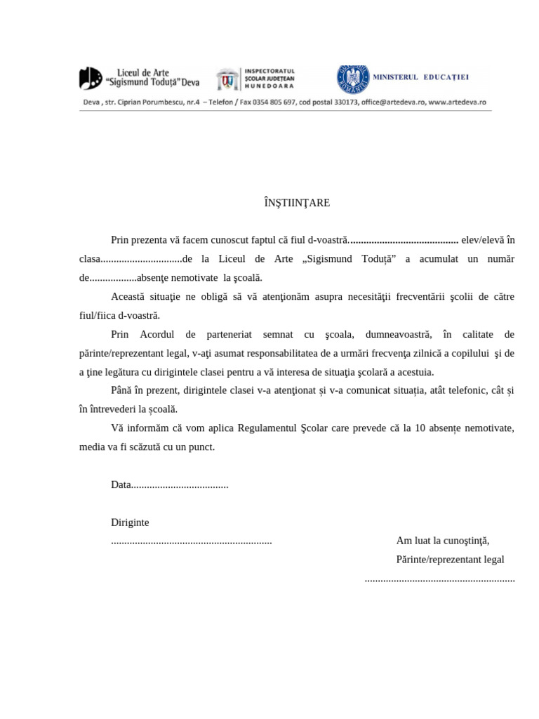 Instiintare Abesente | PDF