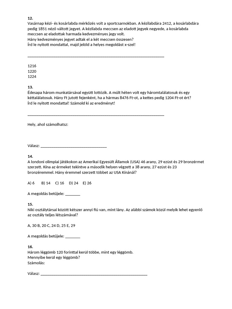 Szöveges feladatok | PDF