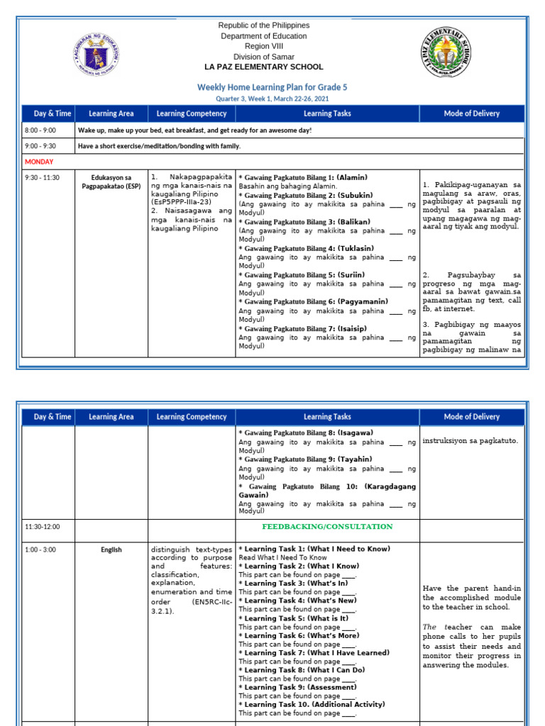 Grade 5 - All Subjects - WHLP - Q3 - W1 | PDF
