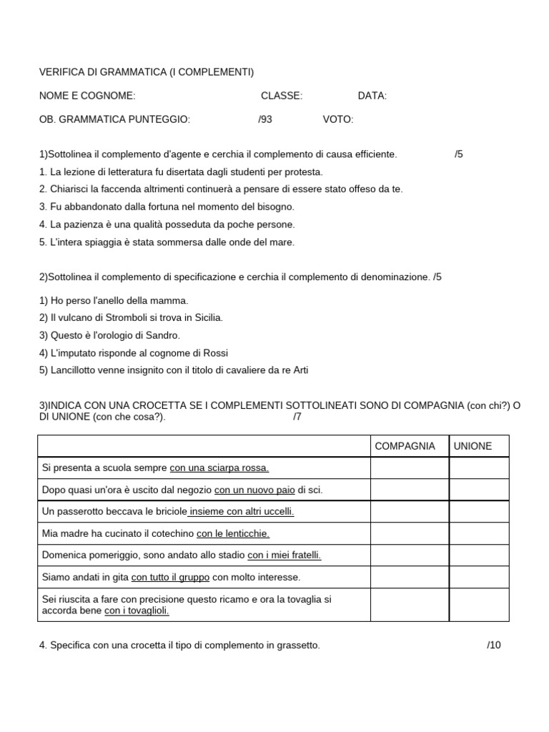 4 - Verifica - Complementi - Analisi Logica | PDF