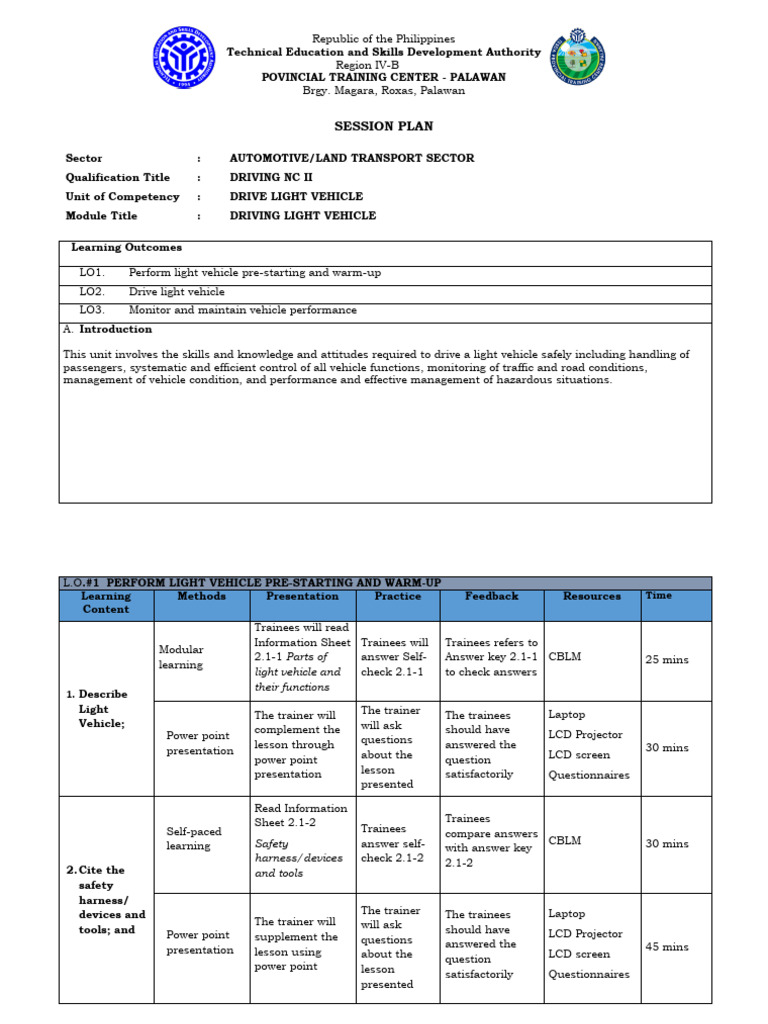 Coc2 Session Plan Driving Light Vehicle | PDF