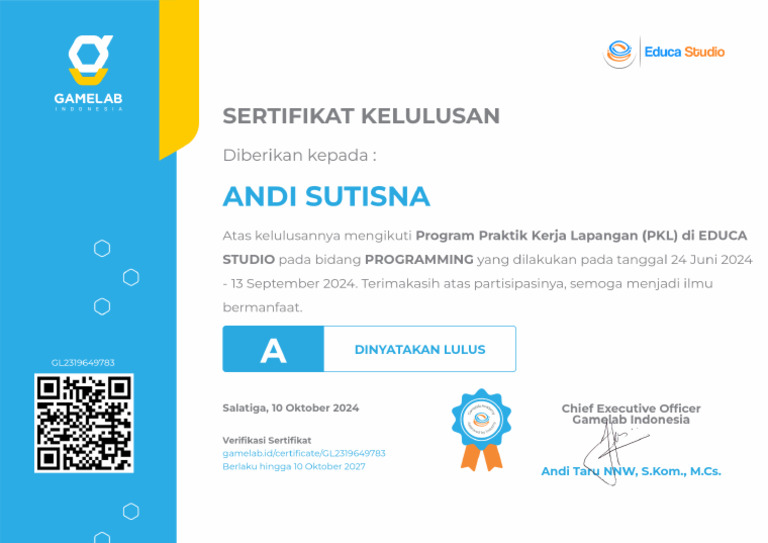 Sertifikat Kelulusan PKL Gamelab 2024 - Andi Sutisna | PDF