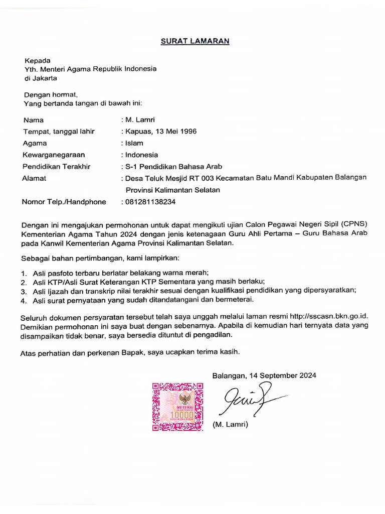 Surat Lamaran Muhammad Lamri | PDF