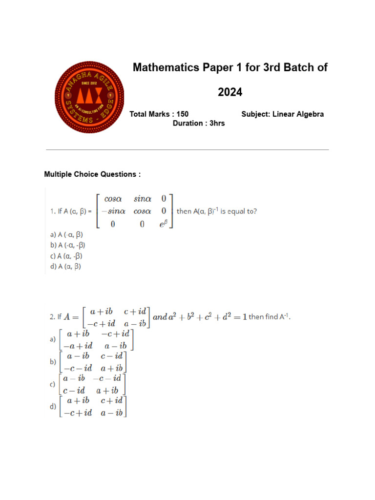 Mathematics Paper 1. | PDF | Matrix (Mathematics) | Teaching Methods & Materials