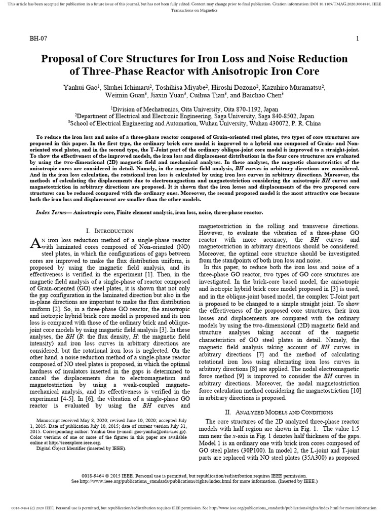 Gao2020 - Proposal of Core Structures For Iron Loss and Noise Reduction of Three-Phase Reactor ...