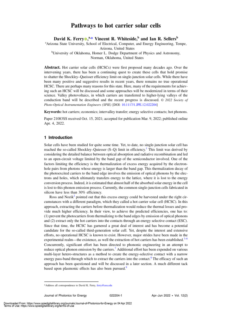 Pathways To Hot Carrier Solar Cells | PDF