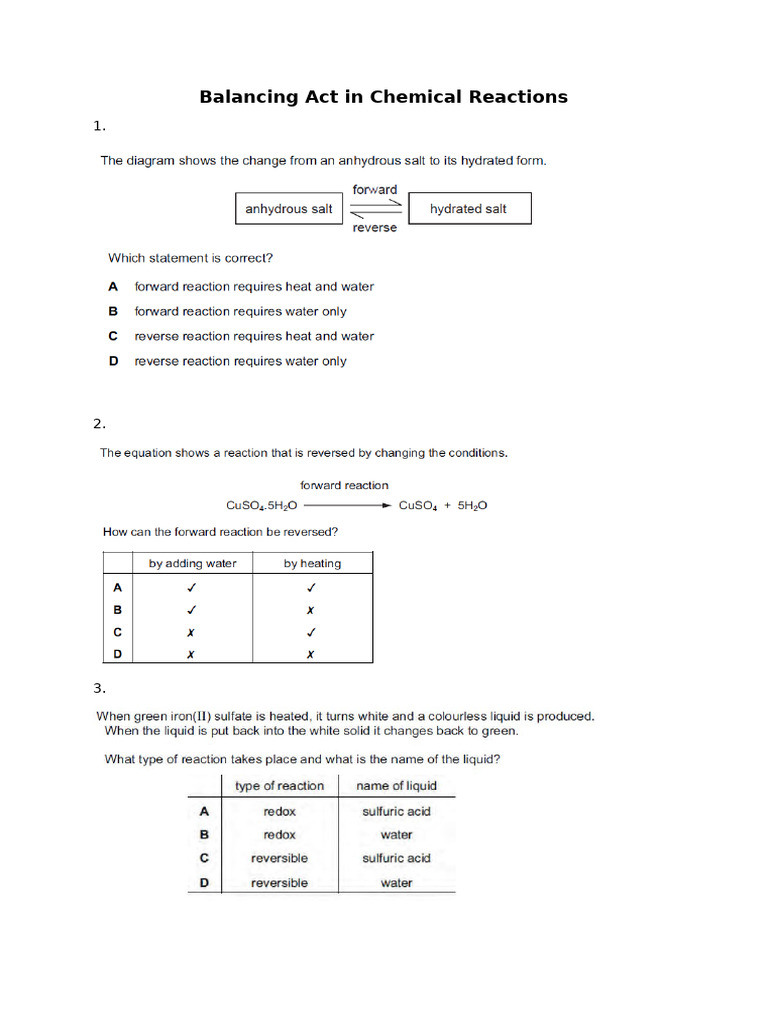 Balancing Act in Chemical Reactions - Formative | PDF