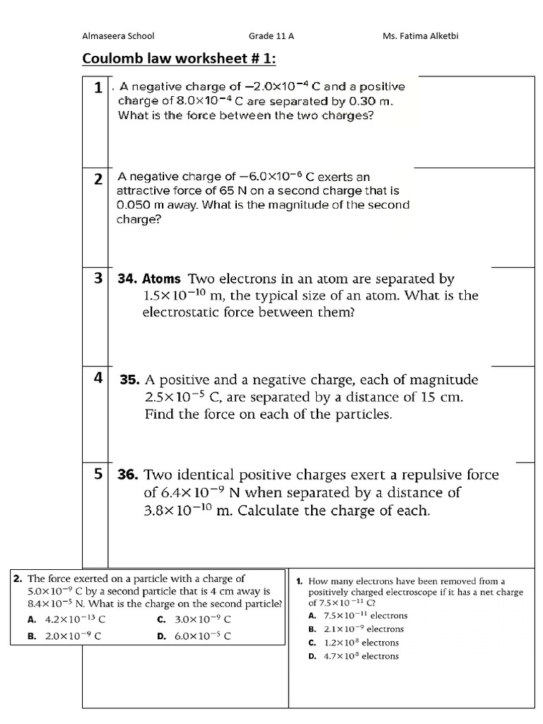 coloumb law worksheet#1 | PDF
