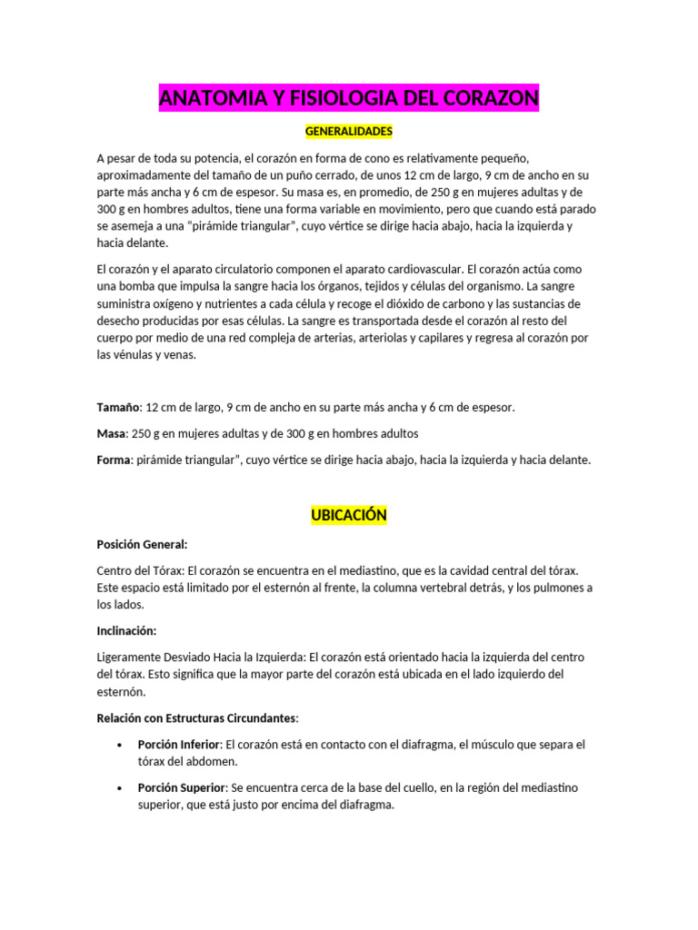 Anatomia y Fisiologia Del Corazon | PDF