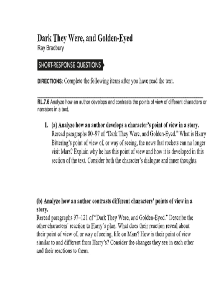 Dark They Were and Golden Eyed - Short Response Questions | PDF