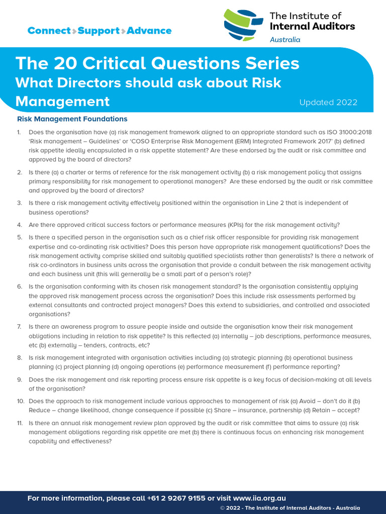 20 Questions Directors Should Ask About Risk Management 2022 | PDF