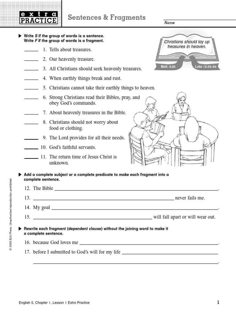 Bjufile - Phpfile User0English 5 Chapter 01 Lesson 01 Extra Practice P. 01 Sentences Fragments ...