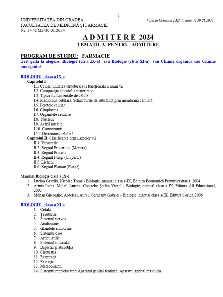 Tematica Admitere Farmacie 2024 | PDF