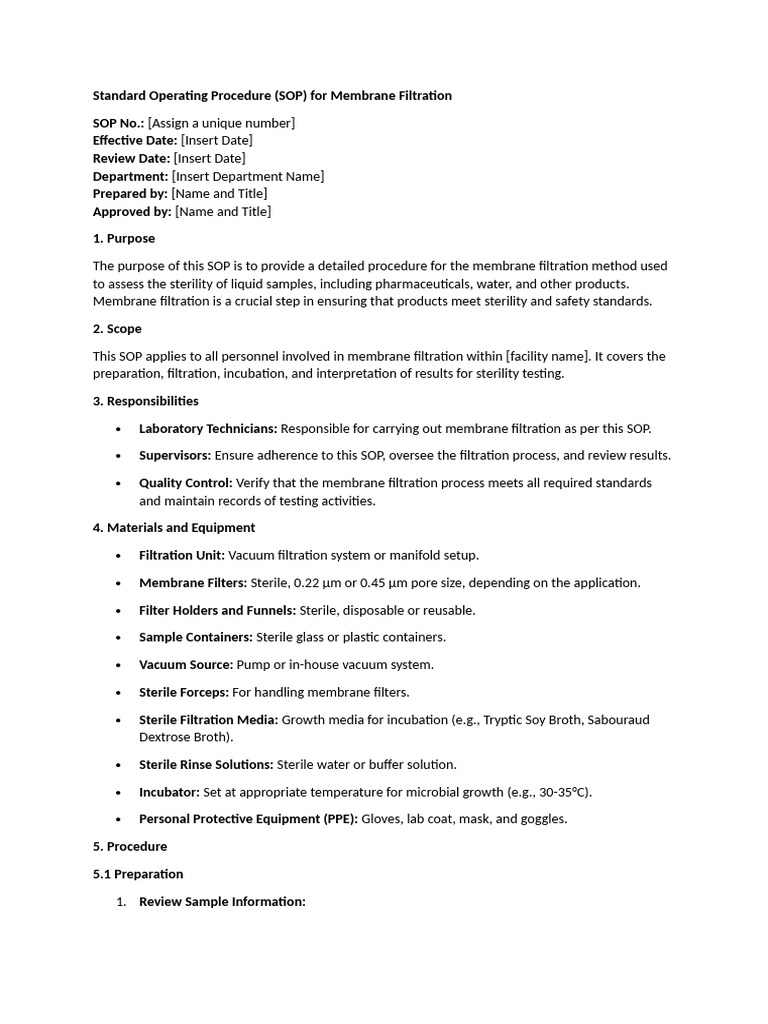 Sop For Membrane Filtration | PDF