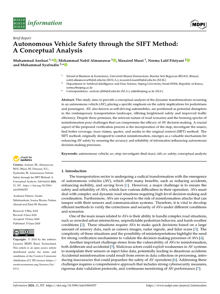 Autonomous Vehicle Safety Through The SIFT Method | PDF
