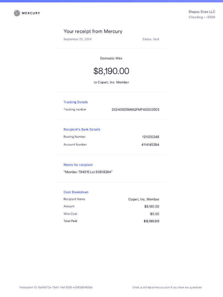 Mercury Wire Receipt 2024 09 25 85bd | PDF