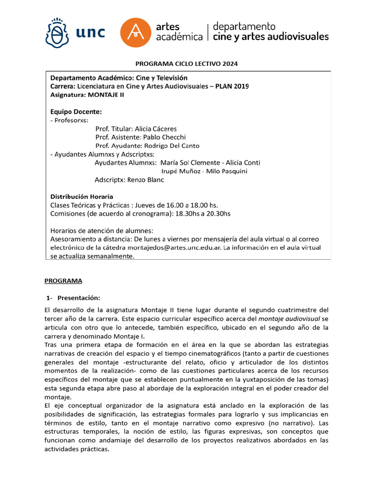 Programa Ciclo Lectivo 2024 Montaje II | PDF
