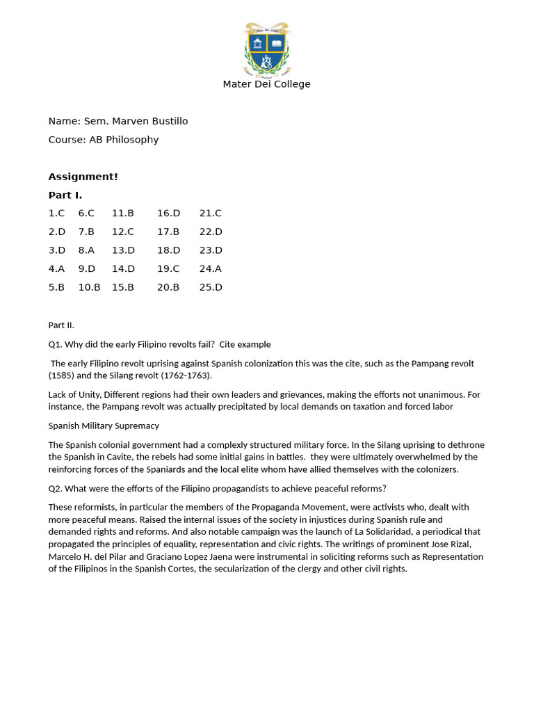 Mater Dei College: Assignment! | PDF