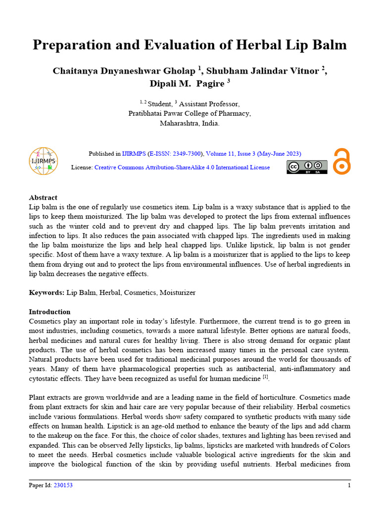 Preparation and Evaluation of Herbal Lip Balm: Chaitanya Dnyaneshwar ...