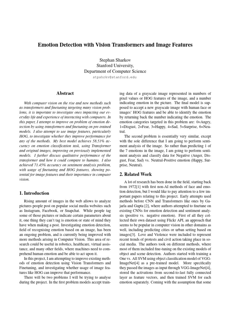 Emotion Detection With Vision Transformers and Image Features | PDF