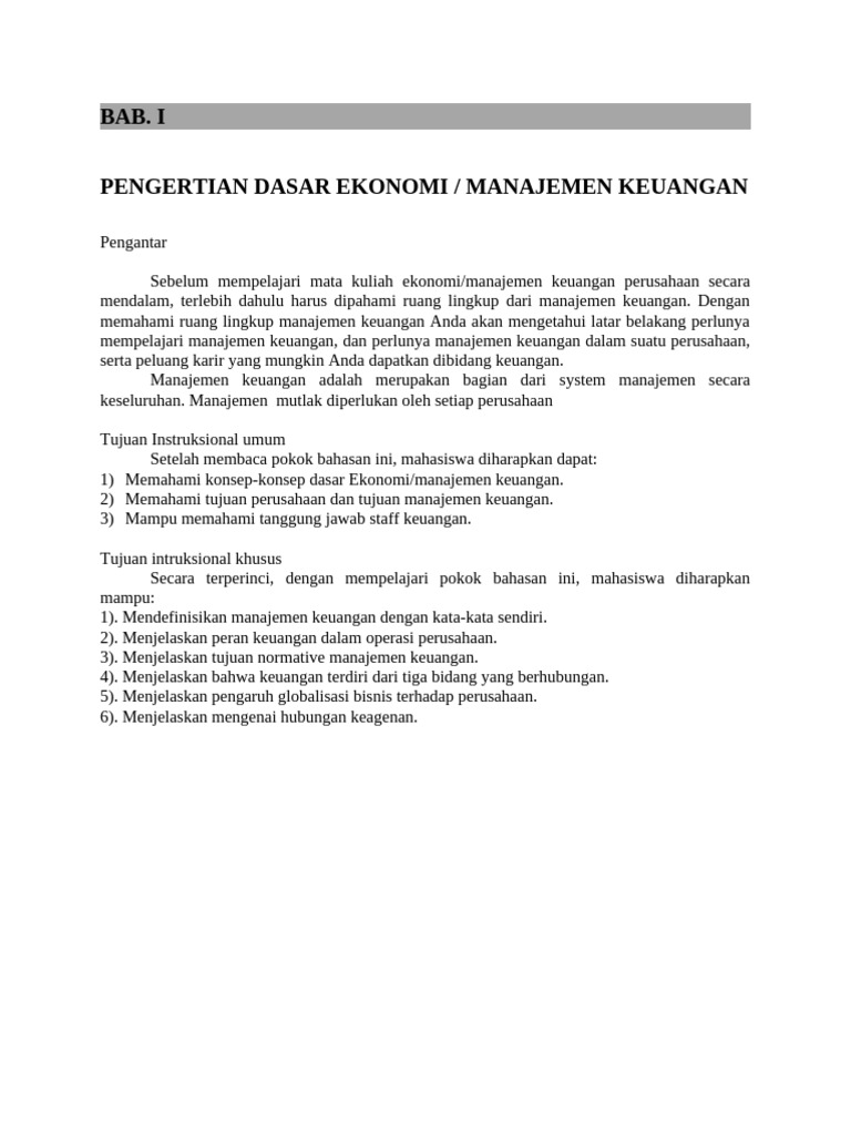 Bab I. Pengertian Dasar Manajemen Keu. (Eko - Keu) | PDF