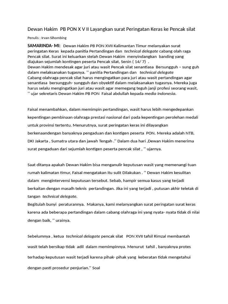 Dewan Hakim PB PON X V II Layangkan Surat Peringatan Keras Ke Pencak Silat | PDF